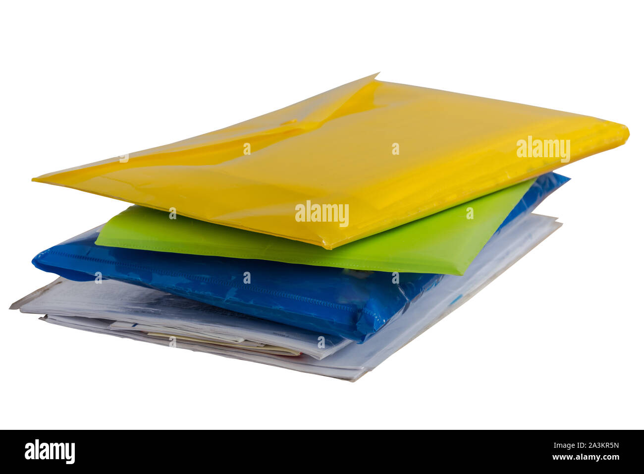 Stack of colorful folders with documents isolated on white background ...