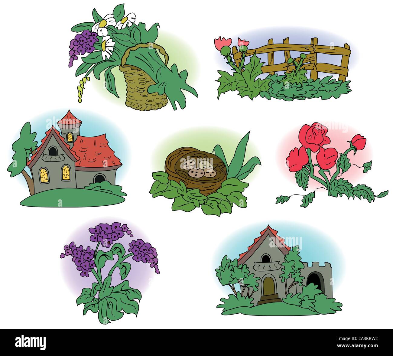 Set of natural and man-made elements of village life. EPS10 vector ...