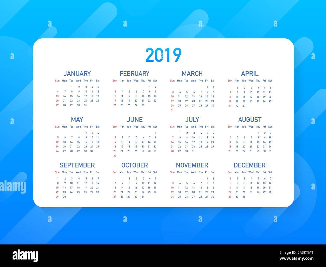 Calendar 2019, Week starts from Sunday, business template. Editable ...