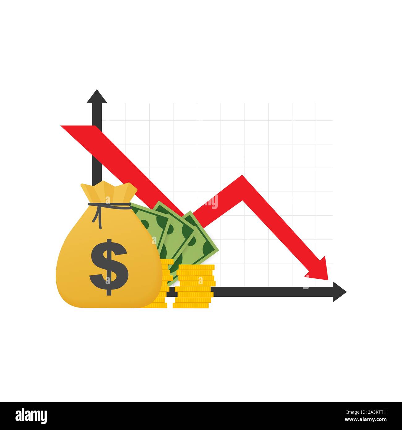 Money loss. Cash with down arrow stocks graph, concept of financial ...