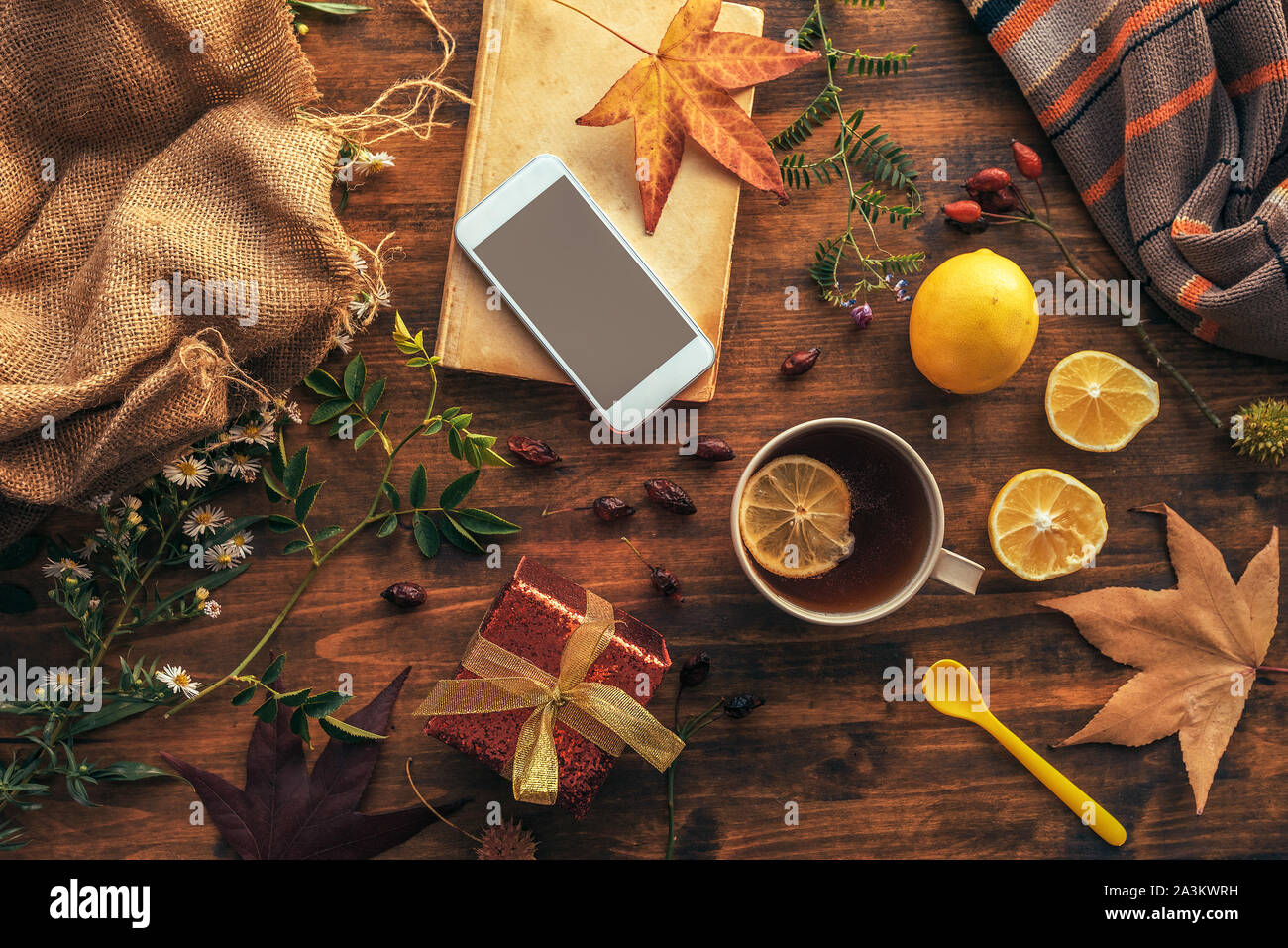 Smartphone mock up with autumn season decoration, overhead view of ...