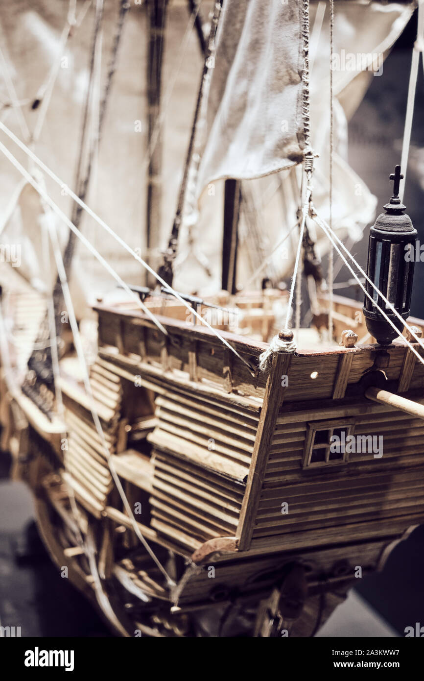 close up of nautical old ship model reproduction miniature of galleon ...