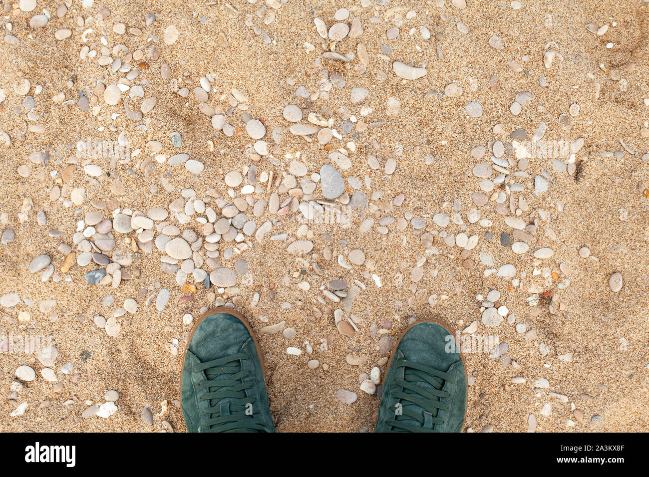 Male feet in green sporty suede shoes stand on sandy beach ground with ...