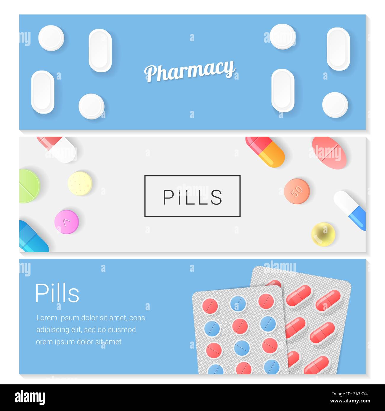 Medical pills headers. Pharmacy banner template. Trendy flat style ...