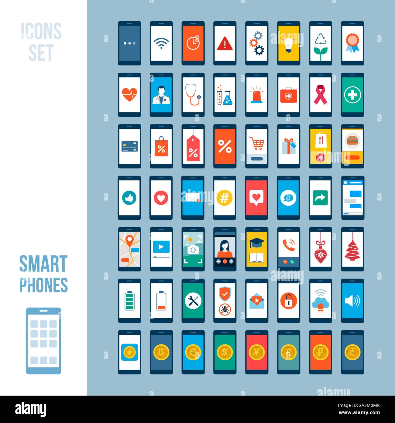 Set of smartphones with different apps and icons: shopping, finance ...