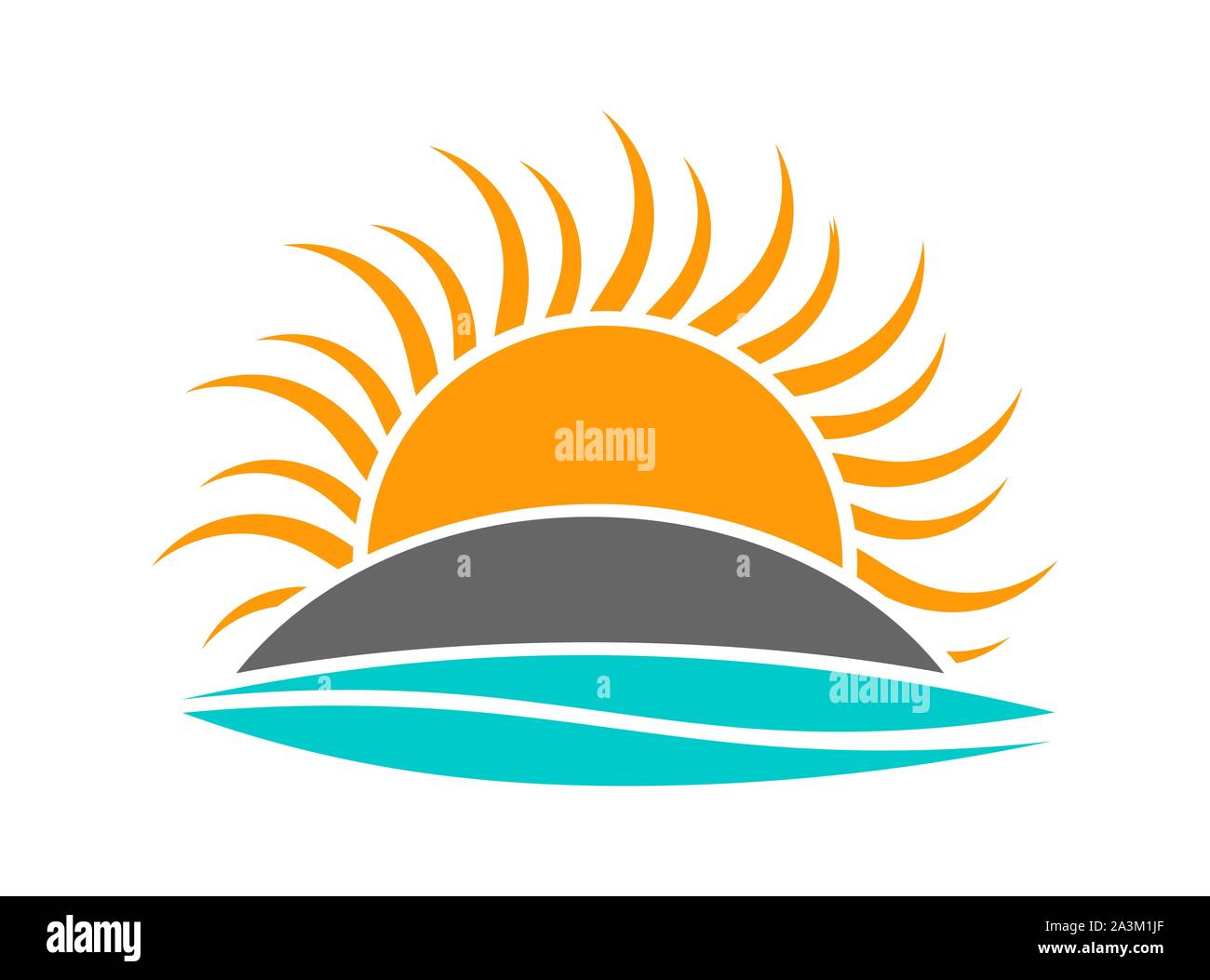 Sun setting over island and sea wave icon logo. Vector illustration ...