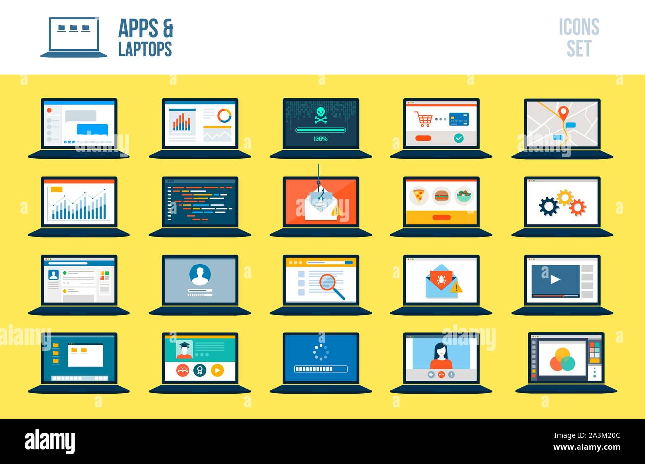 Set of laptops with different apps and services: shopping, education ...