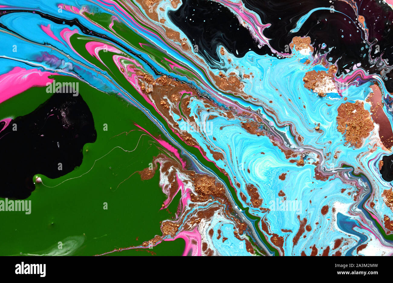 Abstract marble black blue white color paint and gold glitter ...