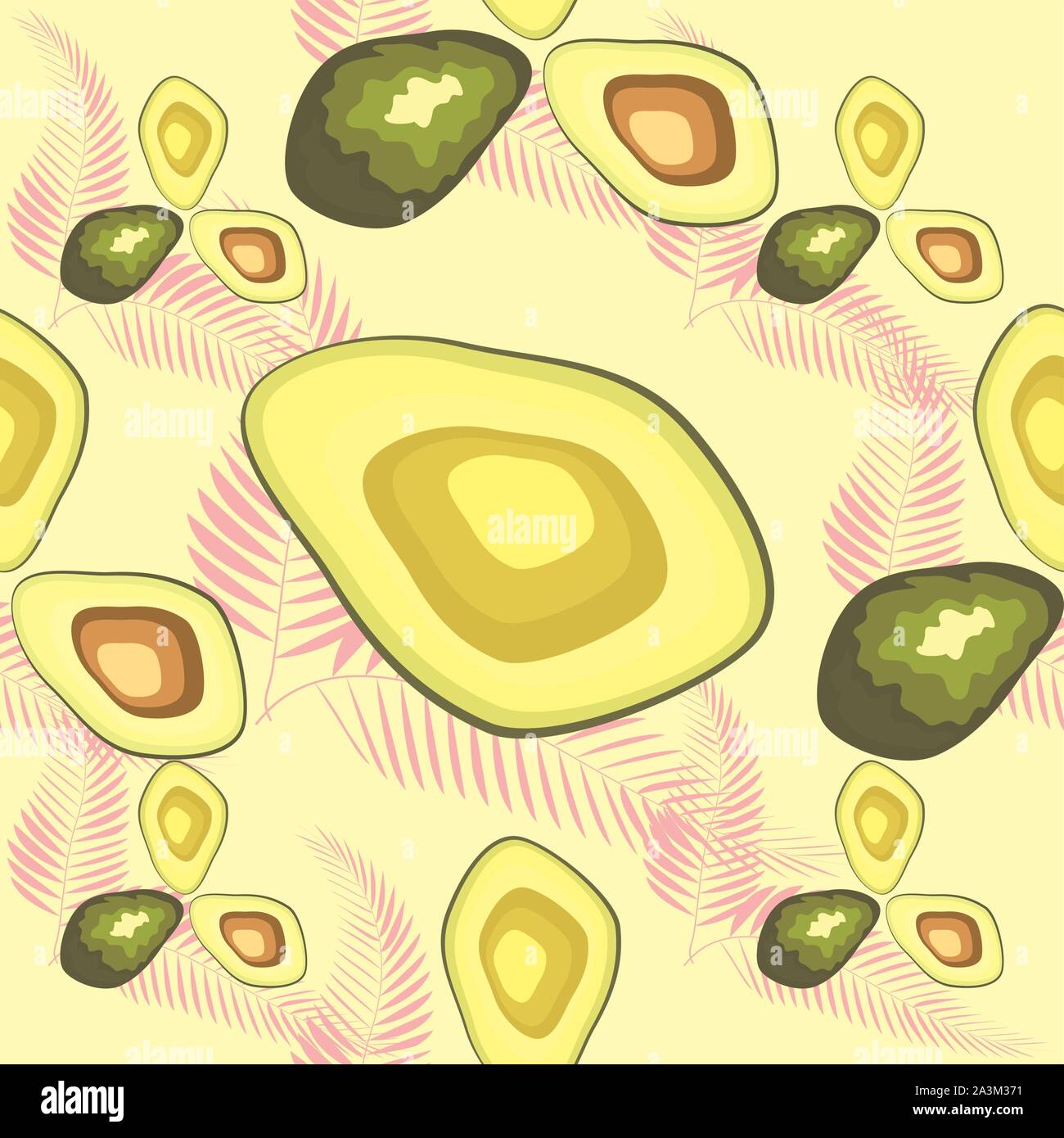 Avocado seamless pattern on tropical leaves background. Cute nature illustration. Decorative ...