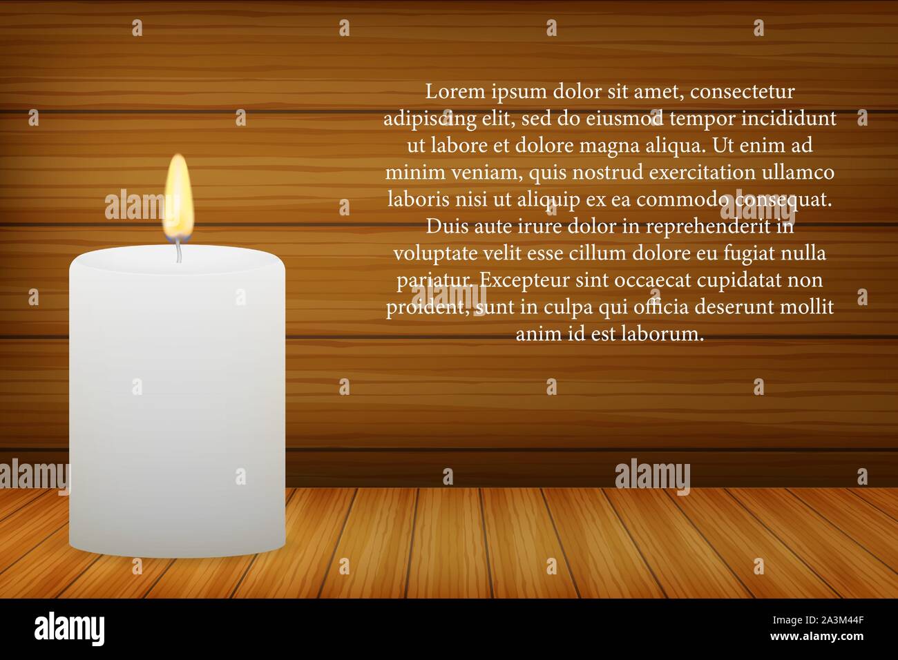 Realistic burning candle on dark wooden background. Vector illustration ...