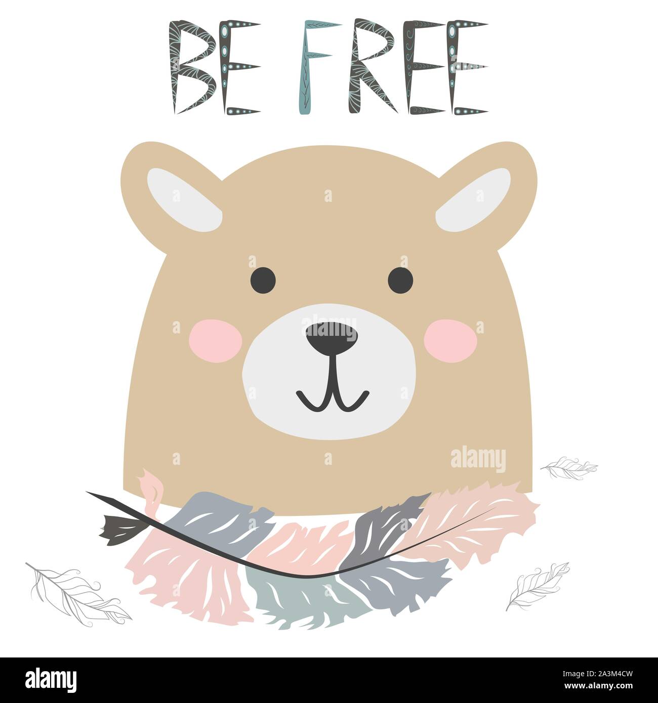 Cute little bear smiling face with graceful feather in the Scandinavian ...