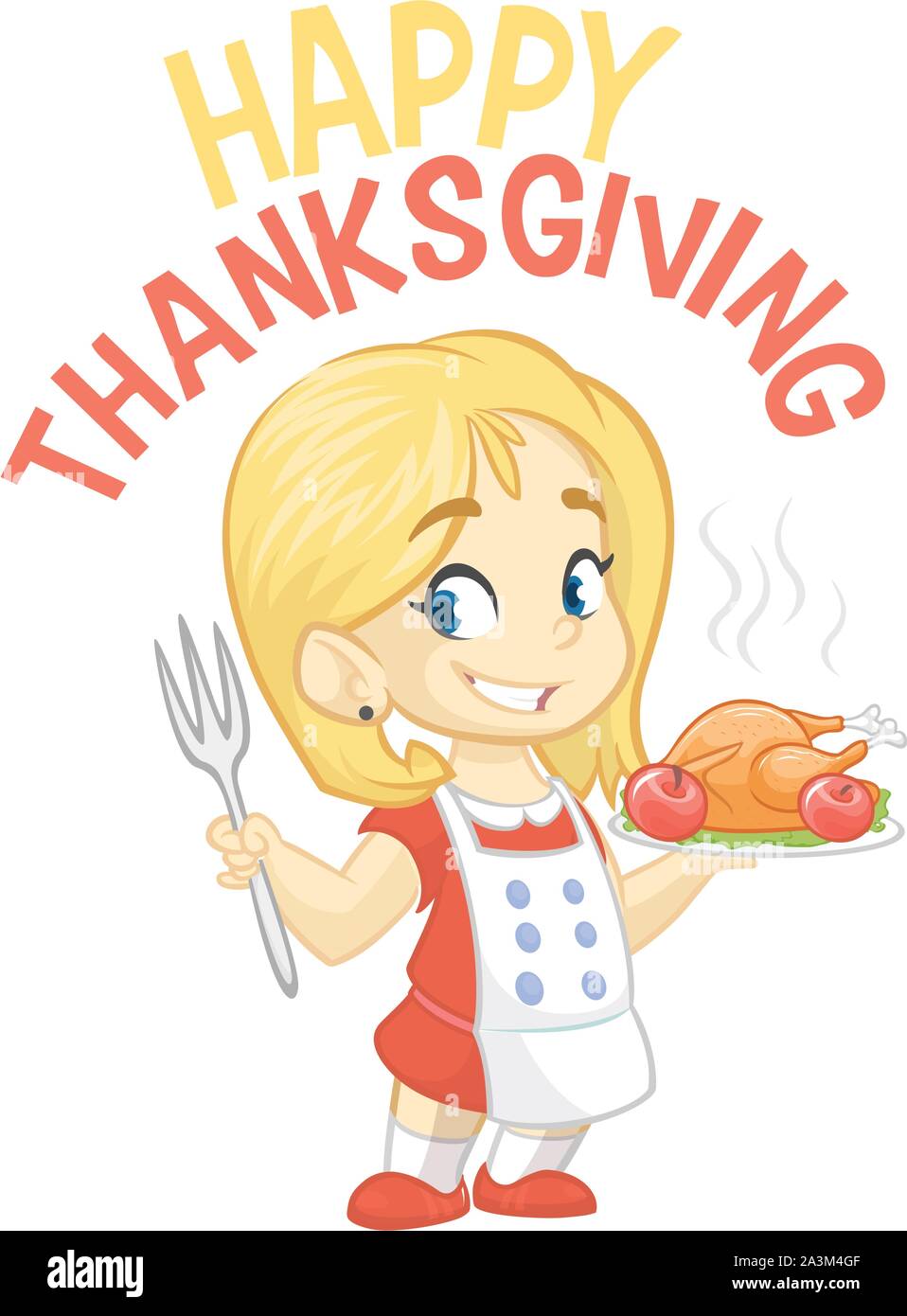 Cartoon cute little blond girl in apron serving roasted thanksgiving ...