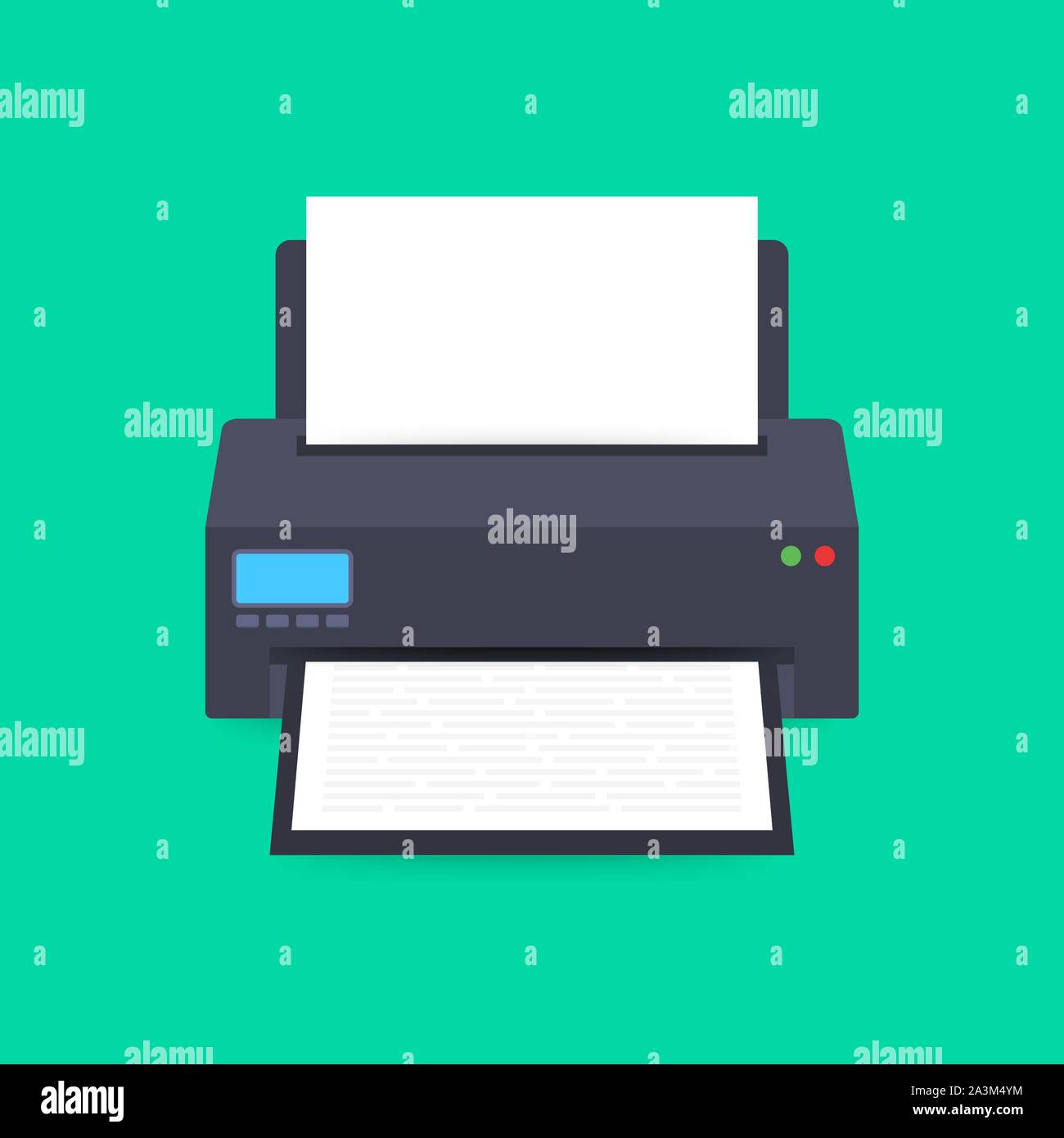 Flat printer icon. printer with paper a4 sheet and printed text ...