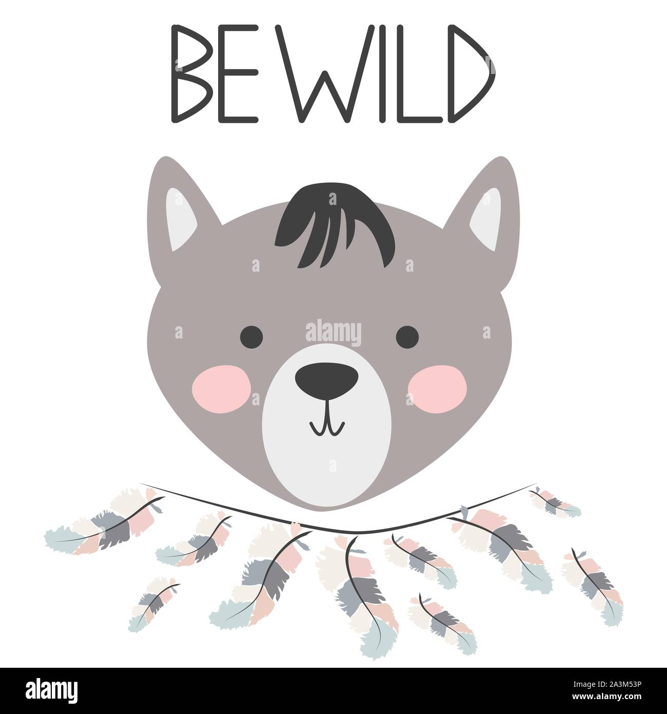 Cute sweet little wolf boy smiling face art. Lettering quote Be wild ...