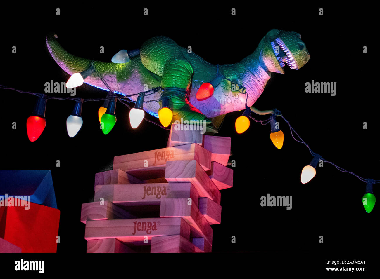 Orlando, Florida. September 27, 2019. Top view of Rex dinosaur on jenga ...