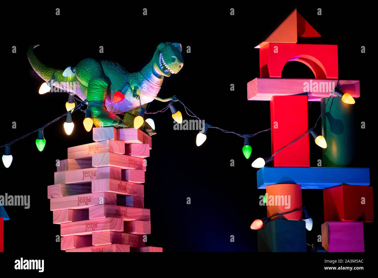 Orlando, Florida. September 27, 2019. Top view of Rex dinosaur on jenga ...