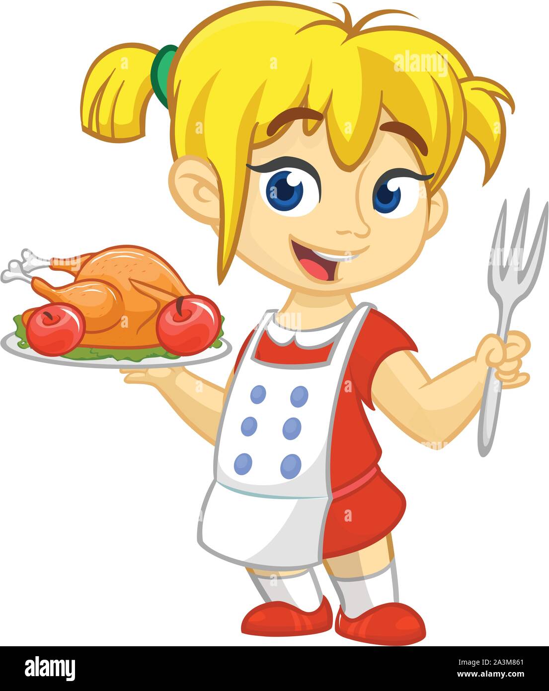 Cartoon girl serving roasted thanksgiving turkey dish. Thanksgiving ...