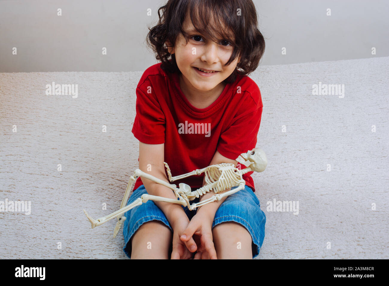 Little boy holding a small size artificial skeleton in hand Stock Photo ...
