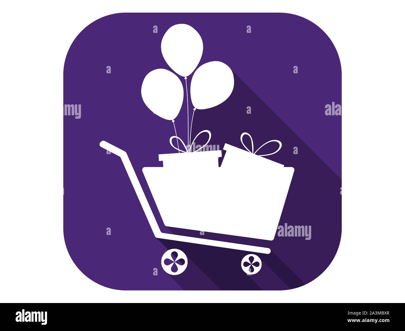 Shopping cart with gifts and balloons. Flat icon with long shadow. Shop ...