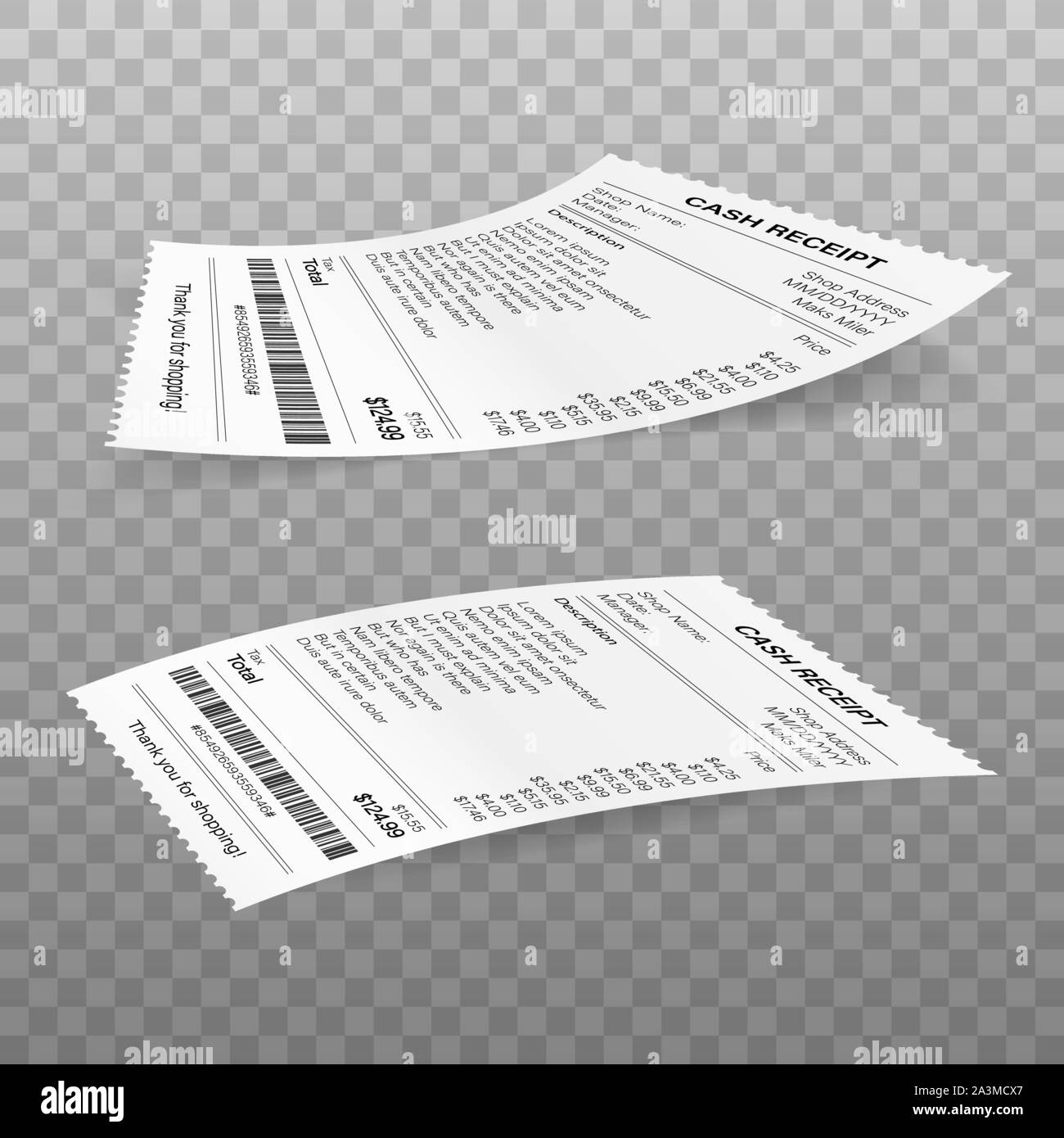 Receipts vector illustration of realistic payment paper bills for cash or credit card ...