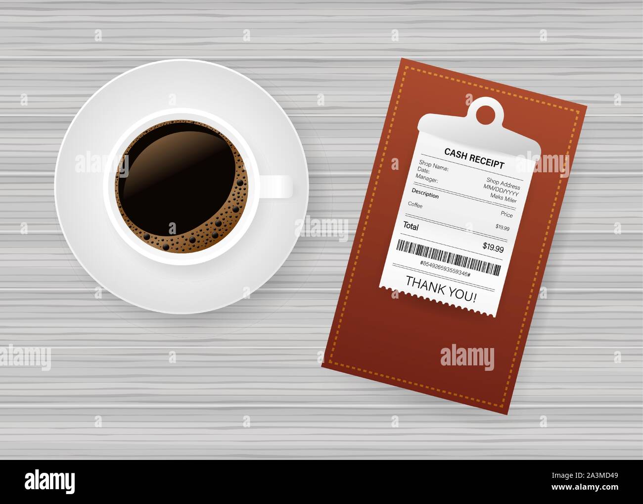 Folder with paper check. Coffee cup. Restaurant bill paying. Cashier ...