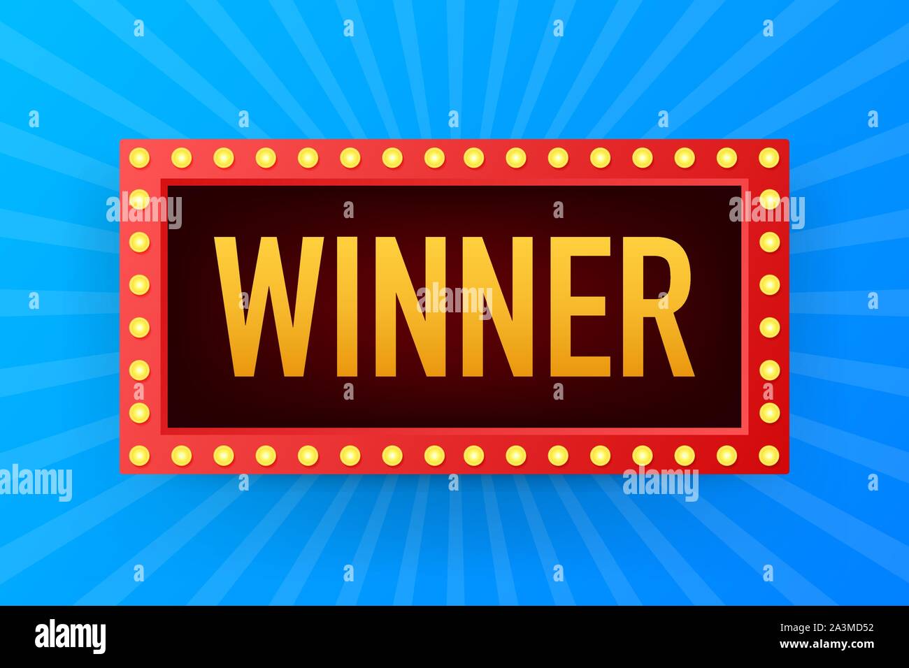 The winner retro banner with glowing lamps. Poker, cards, roulette and ...