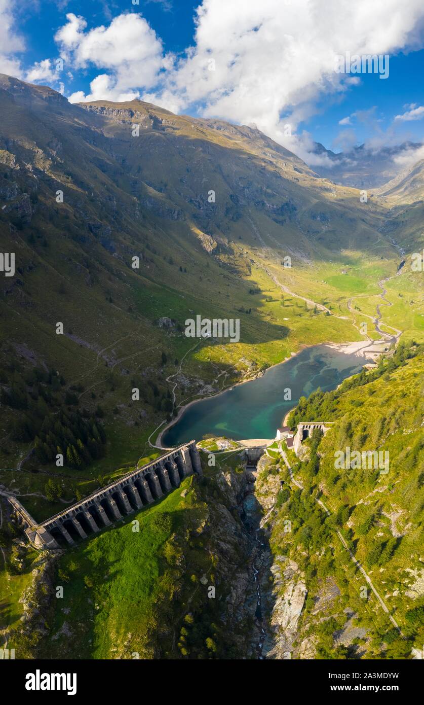 Aerial view of the ruins of the Diga del Gleno. Pianezza, Vilminore di ...