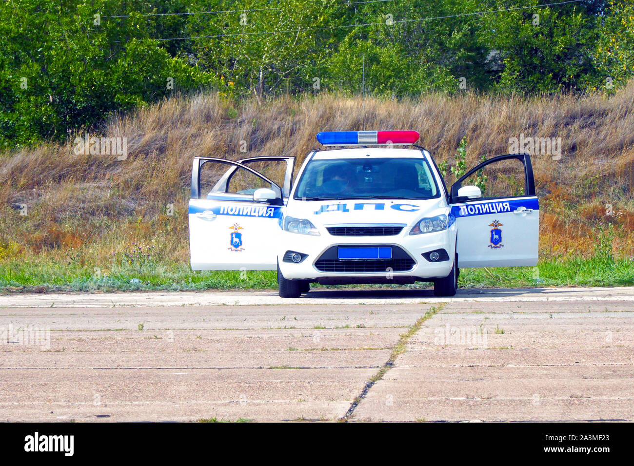 Samara, Russia - August 17, 2019: Russian police car with open doors ...