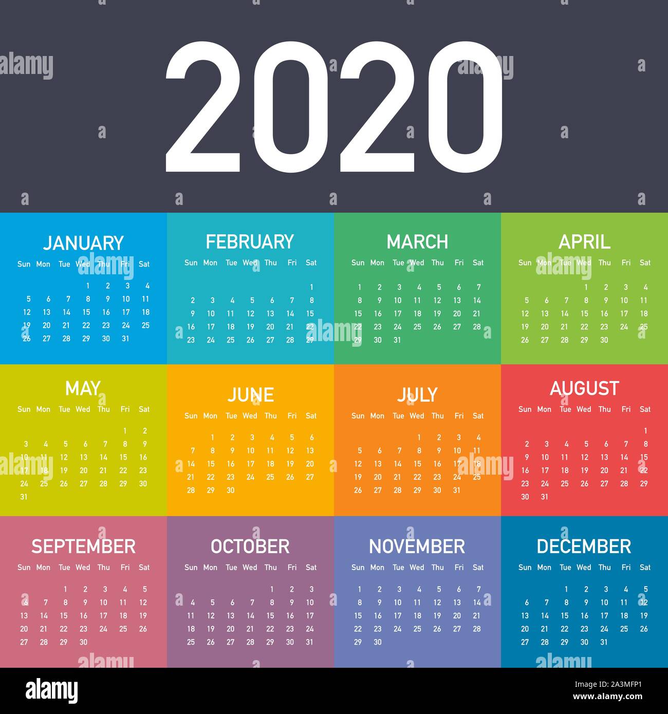 Calendar 2020 vector basic grid. Simple design template. Vector ...
