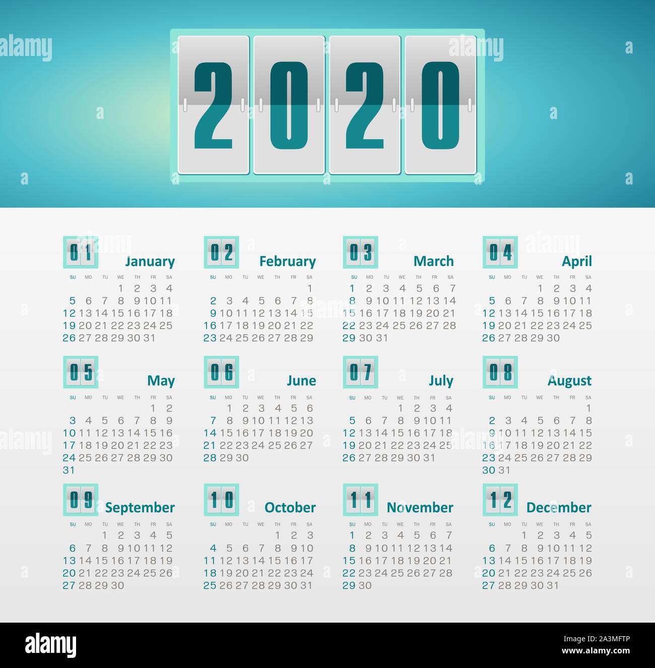 Calendar 2020 year. Color vector template. Week starts on Sunday. Basic ...
