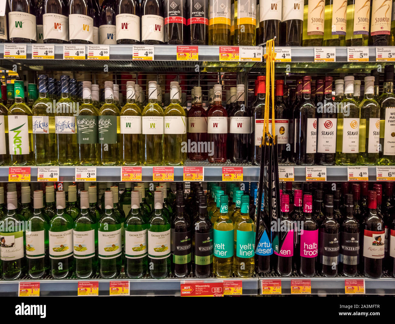 Typical shop displays of alcoholic wines and spirits at a small ...
