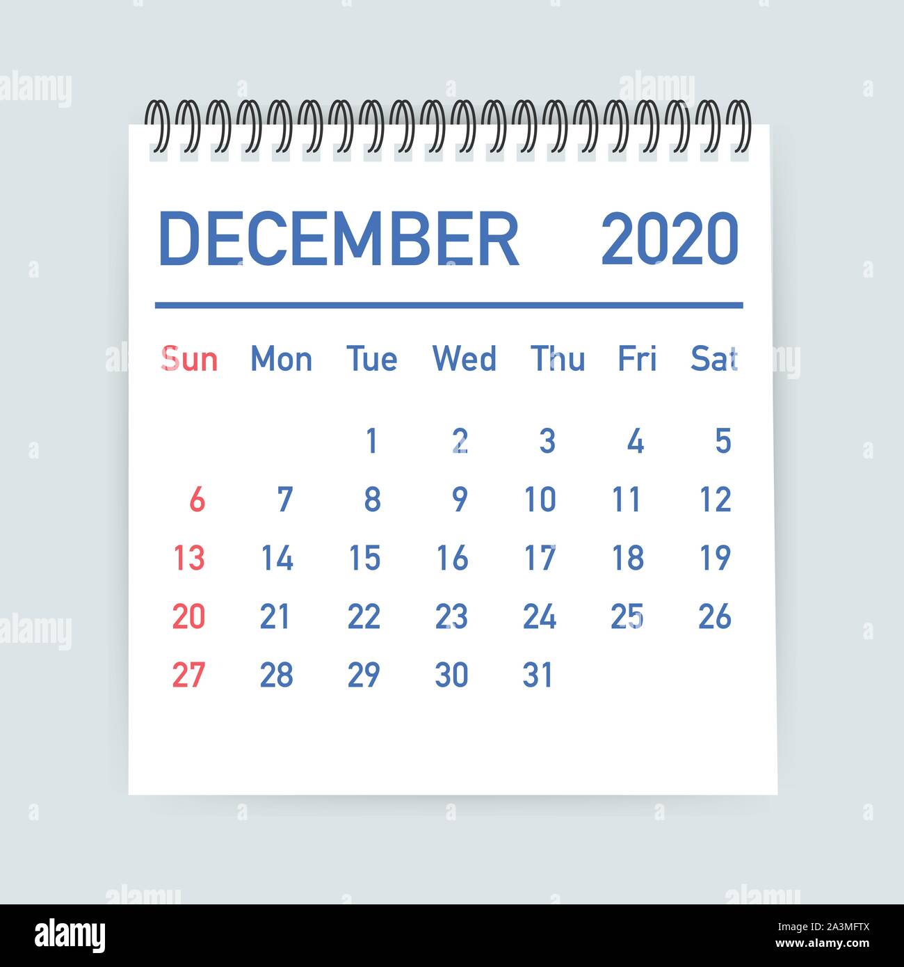 December 2020 Calendar Leaf. Calendar 2020 in flat style. A5 size ...