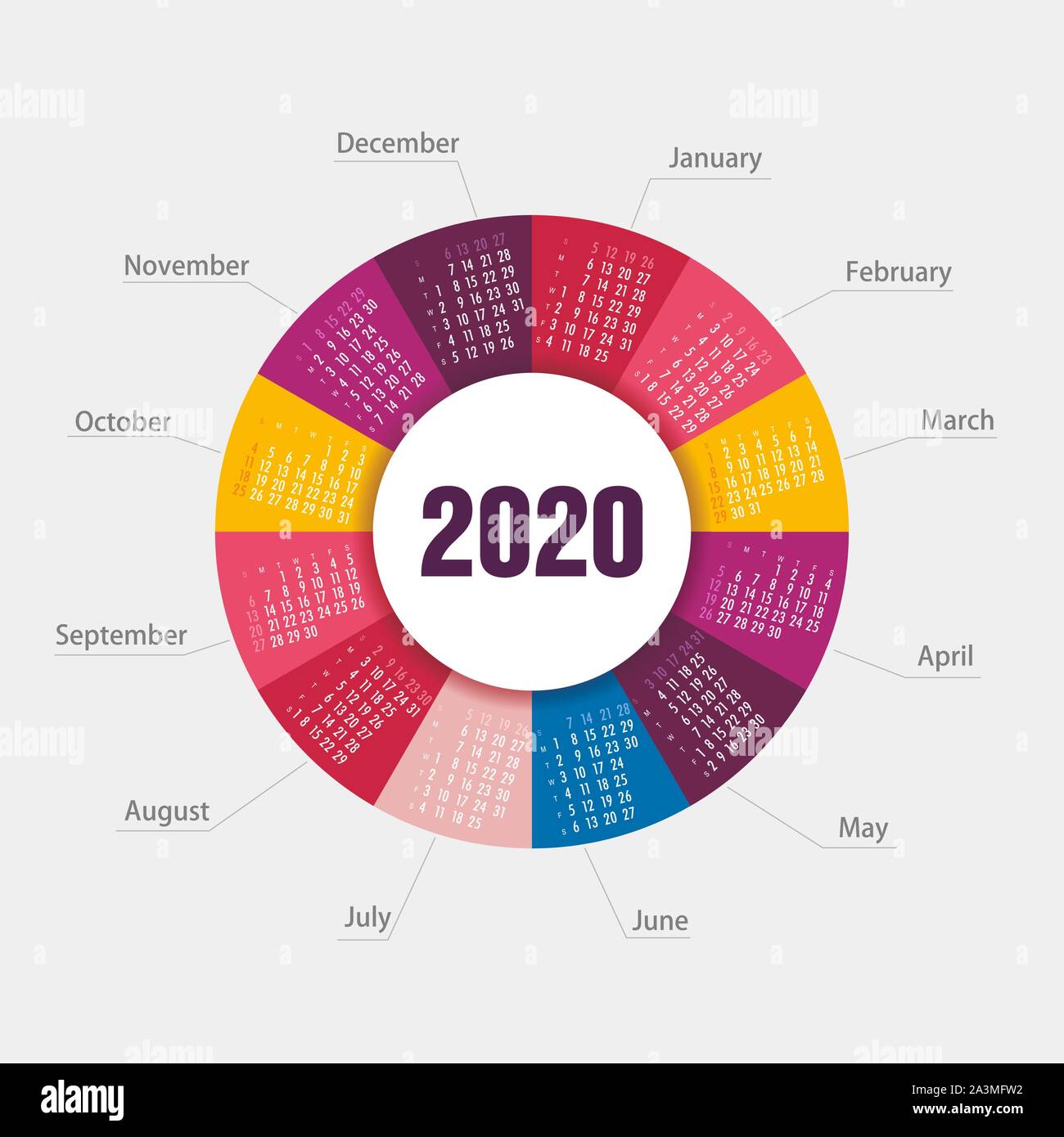 Calendar 2020 round shape. Color vector template. Week starts on Sunday ...