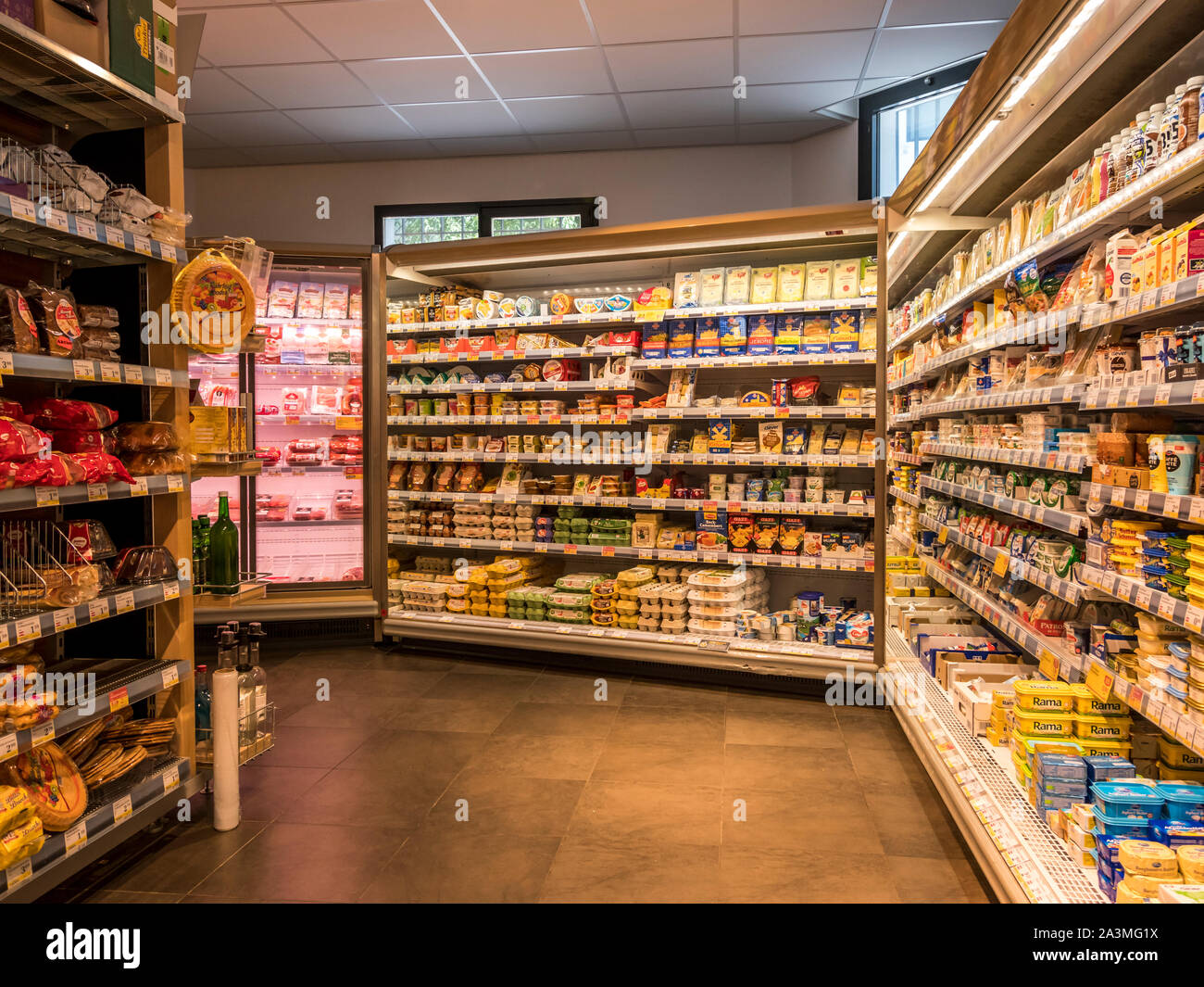 Typical shop displays at a small convenience store in Austria Stock ...