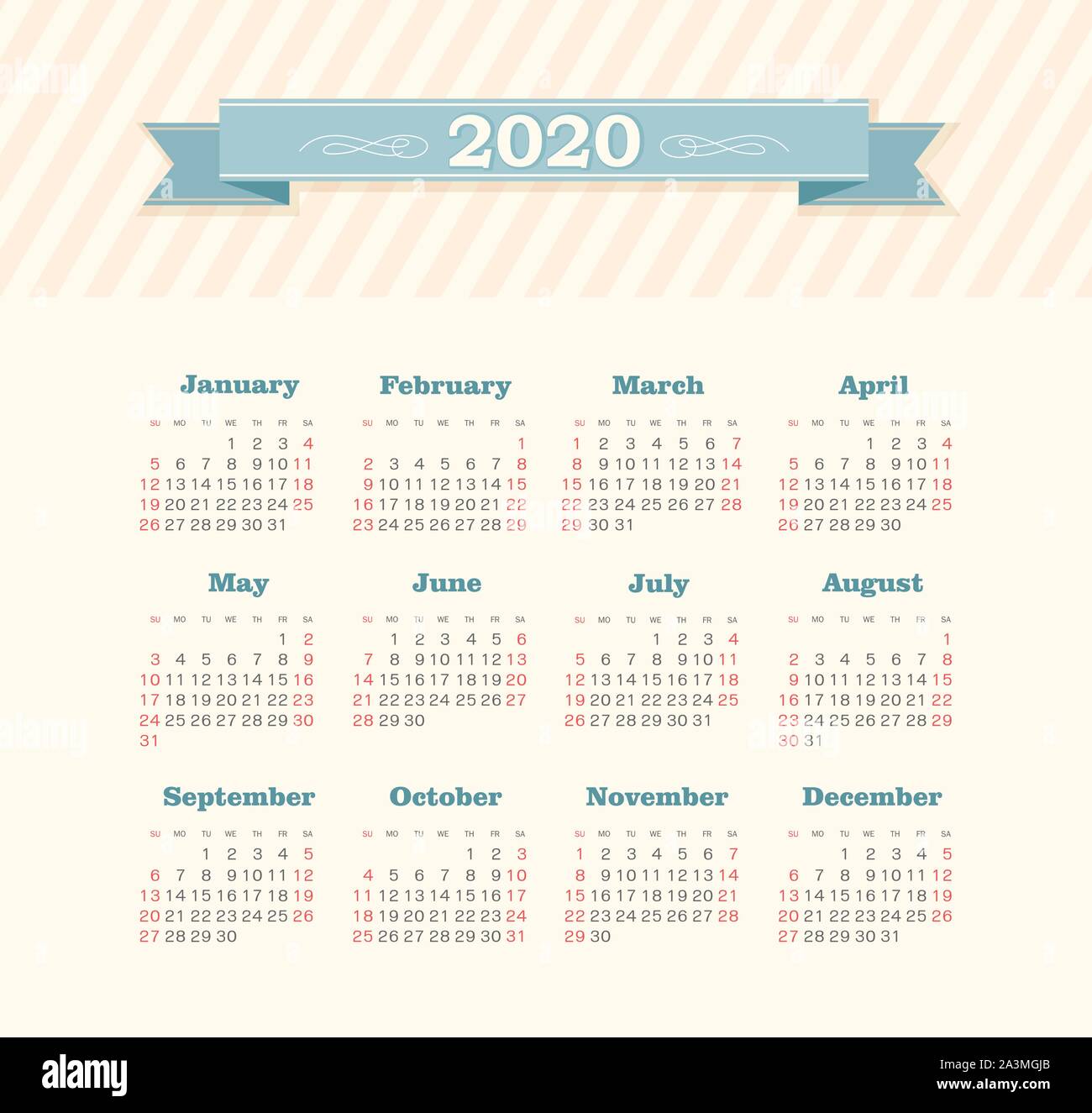 Calendar 2020 year. Color vector template. Week starts on Sunday. Basic ...