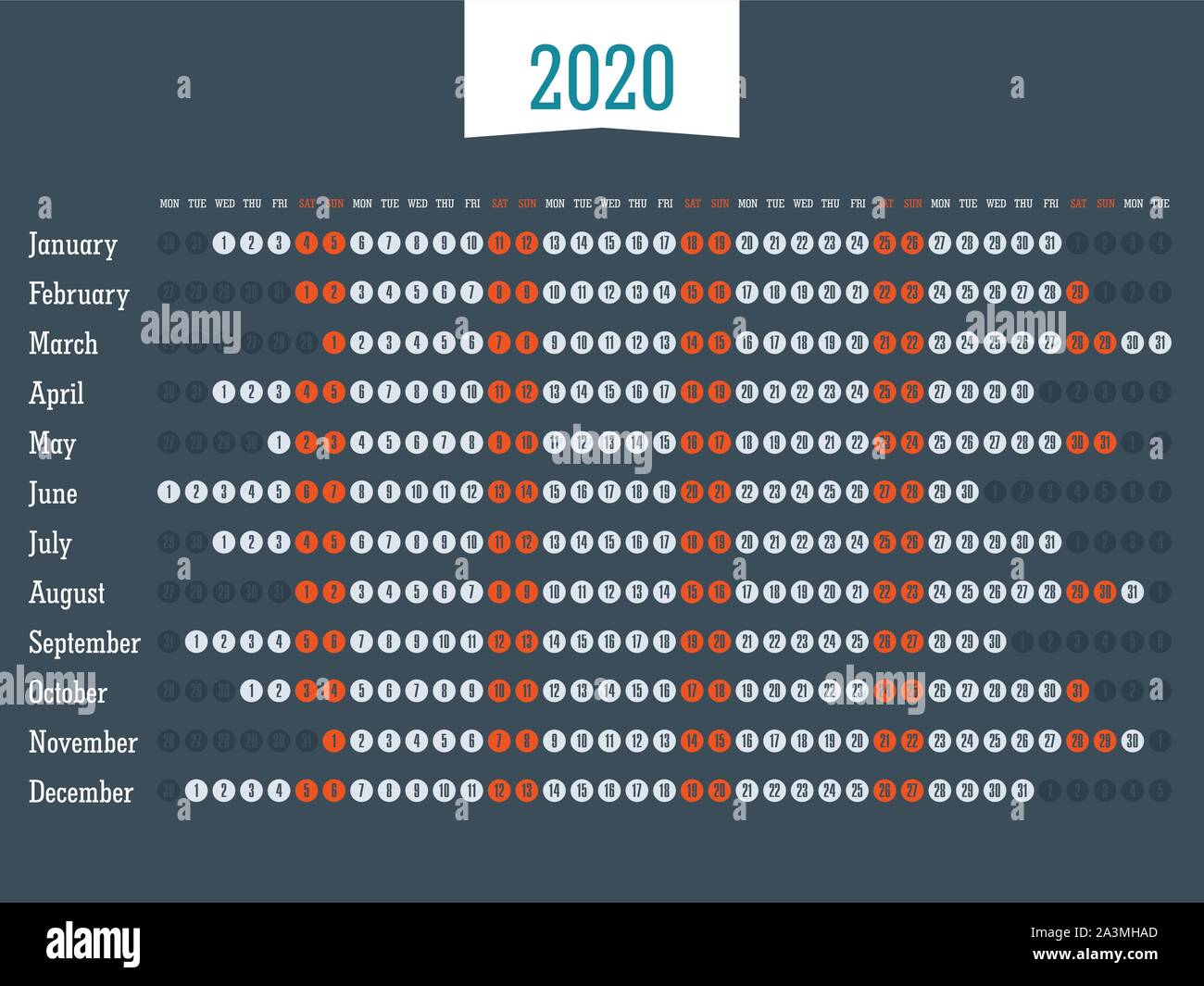 Calendar 2020 year. Color vector template. Week starts on Sunday. Basic ...