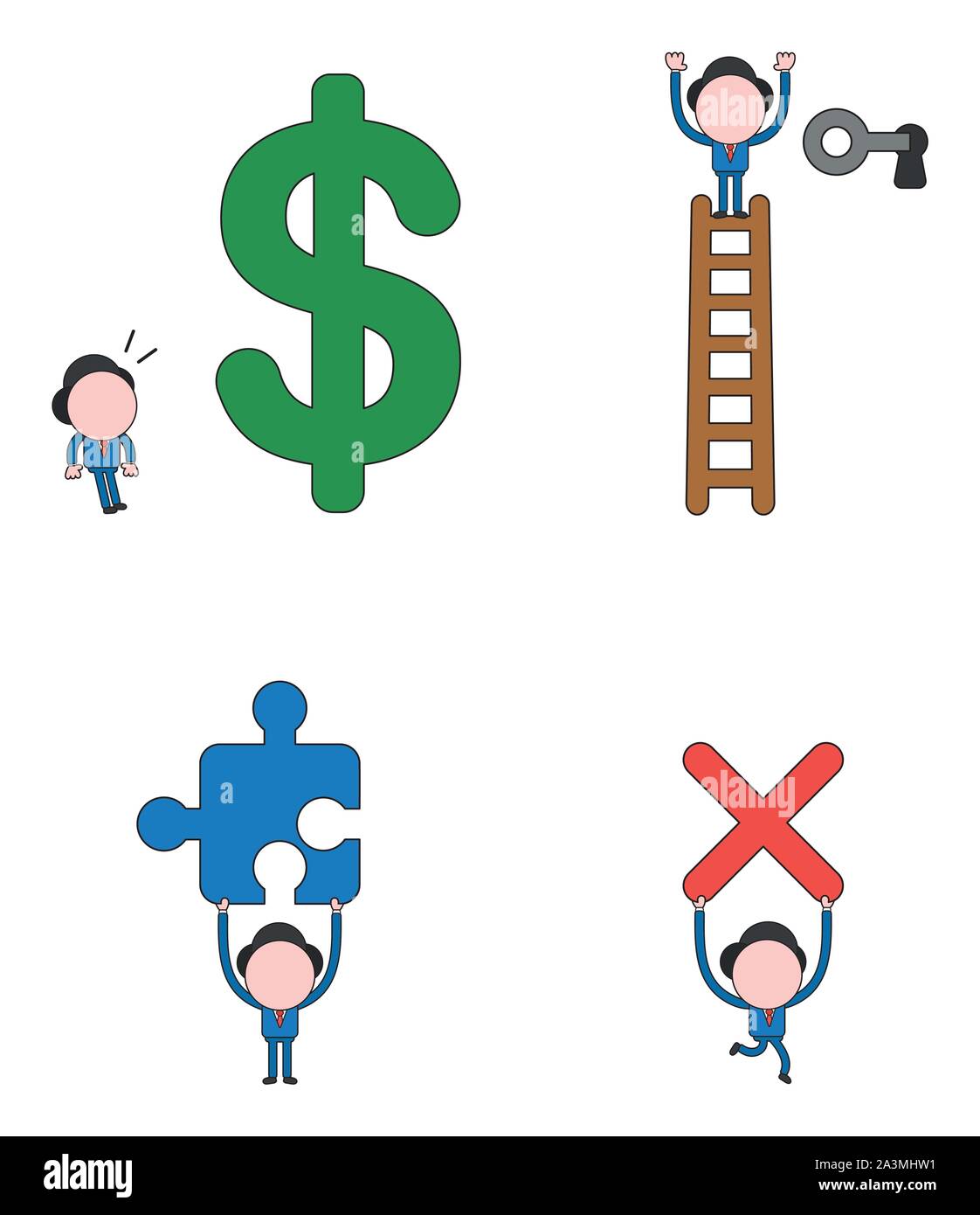 Vector illustration set of businessman mascot character looking big ...