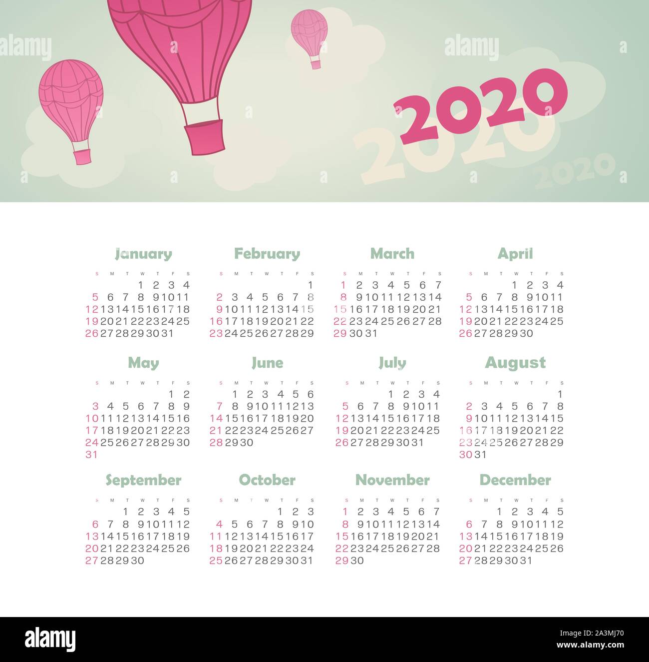 Modern vector Calendar 2020 year with balloon, sky, cloud, aerostat ...
