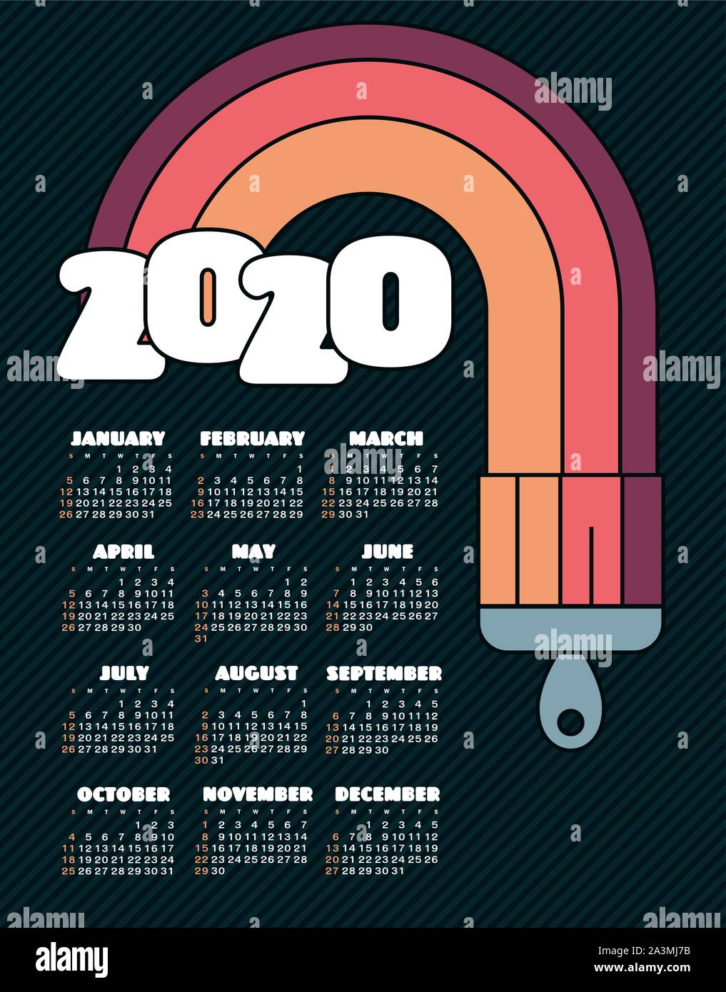 Calendar 2020 year. Colored streaks of paint with a brush. Color vector ...