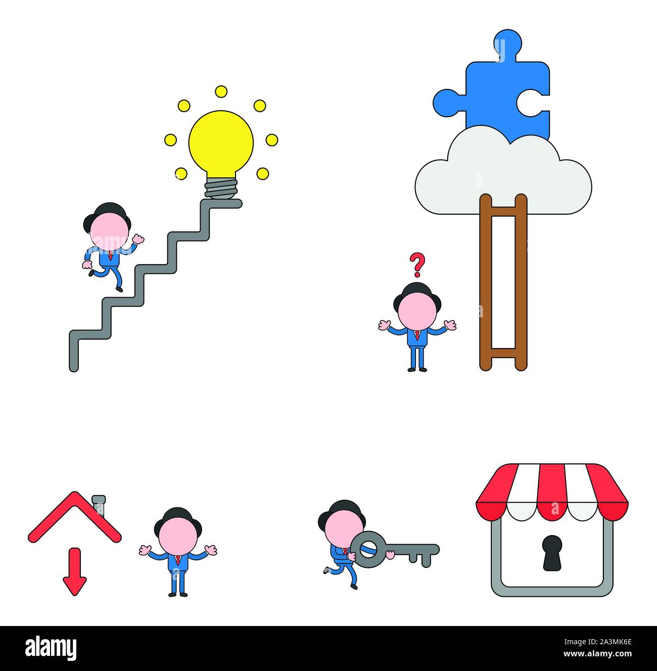 Vector illustration set of businessman character running to light bulb ...