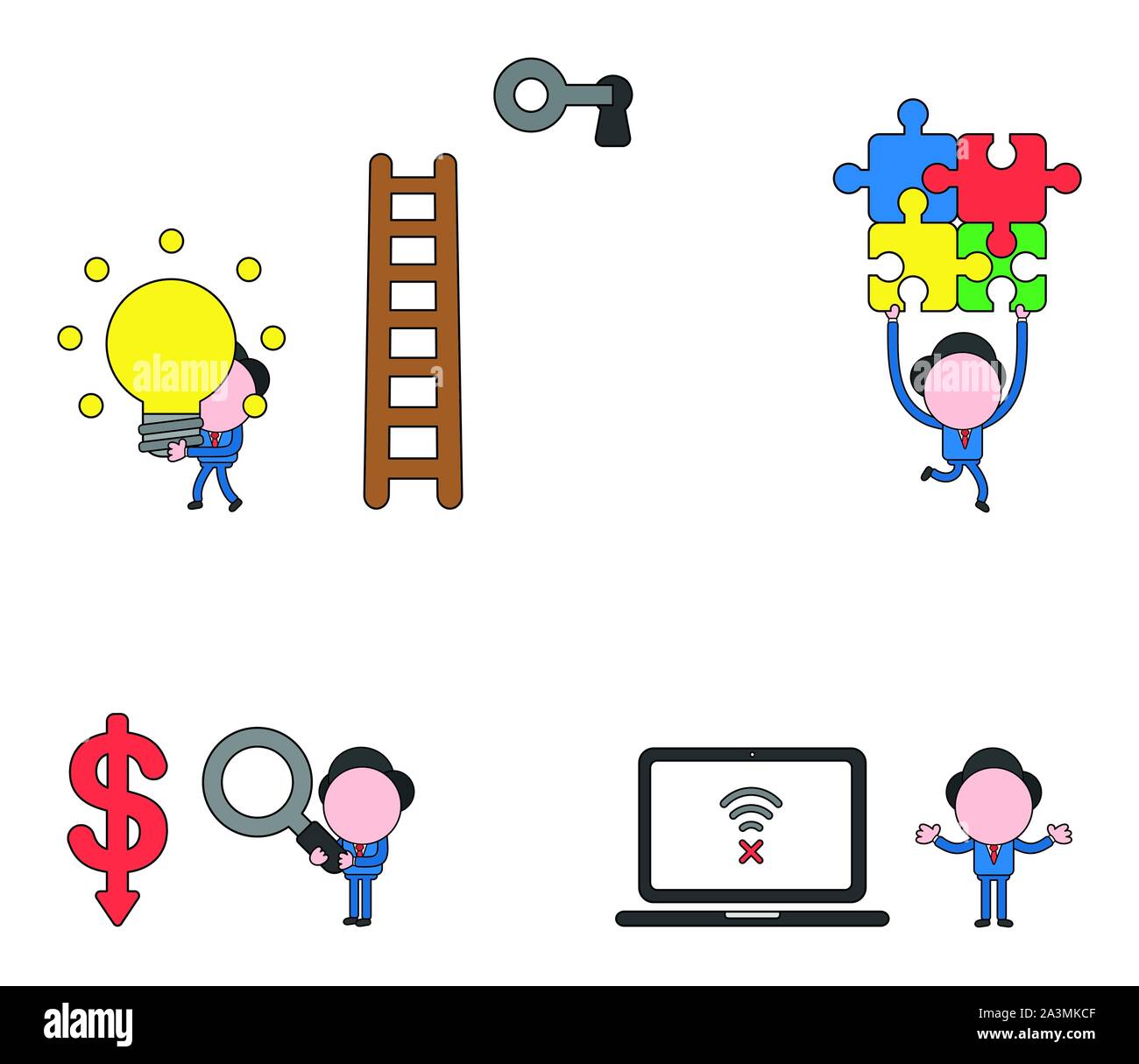 Vector illustration set of businessman mascot character climb ladder ...