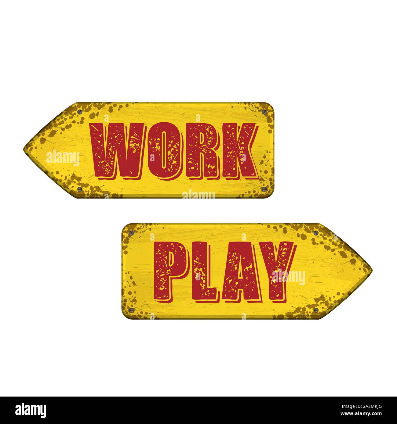 Two yellow grunge arrow frame board with work and play words Stock ...