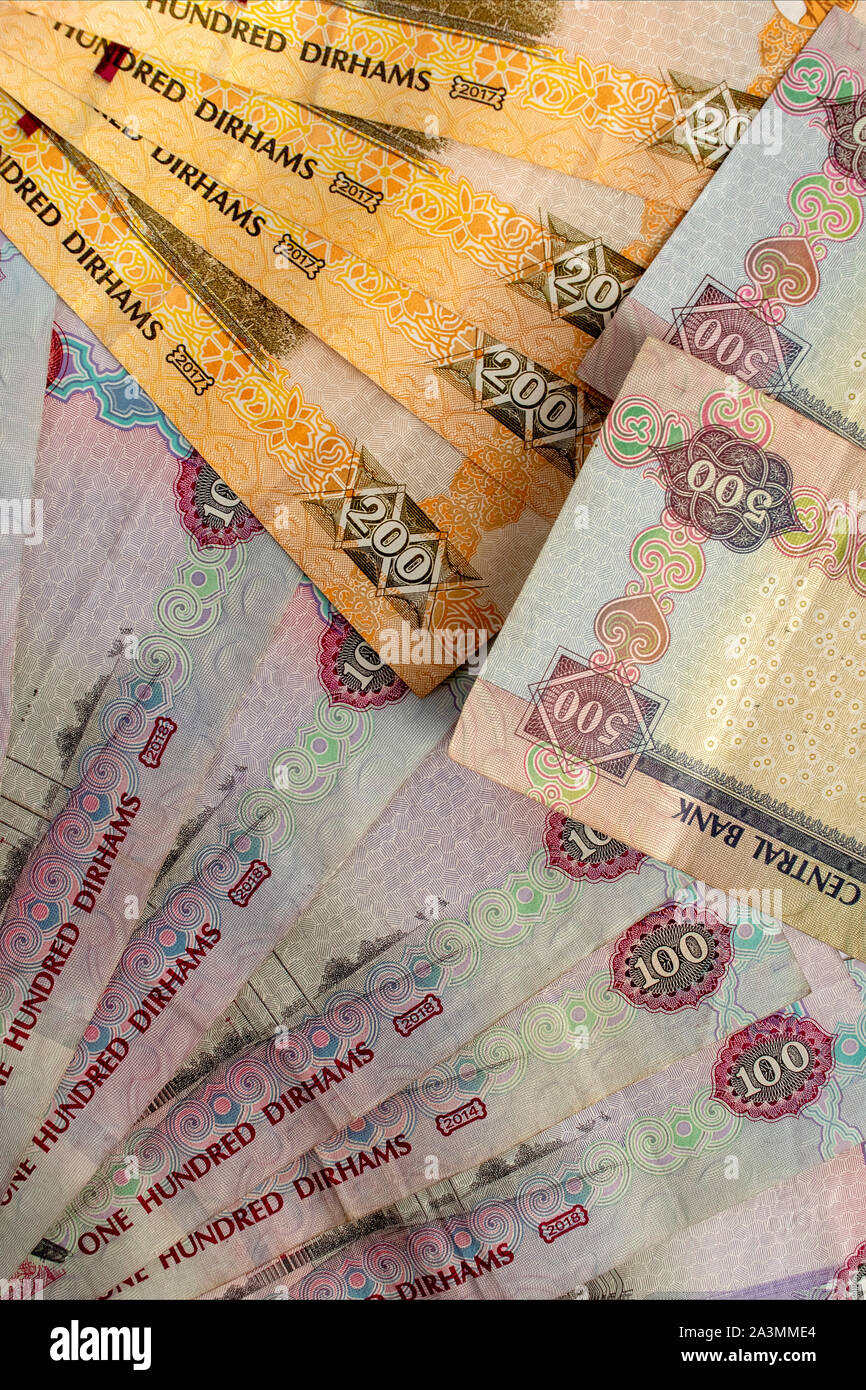 UAE national currency, dirhams banknotes. Money banknotes Stock Photo ...