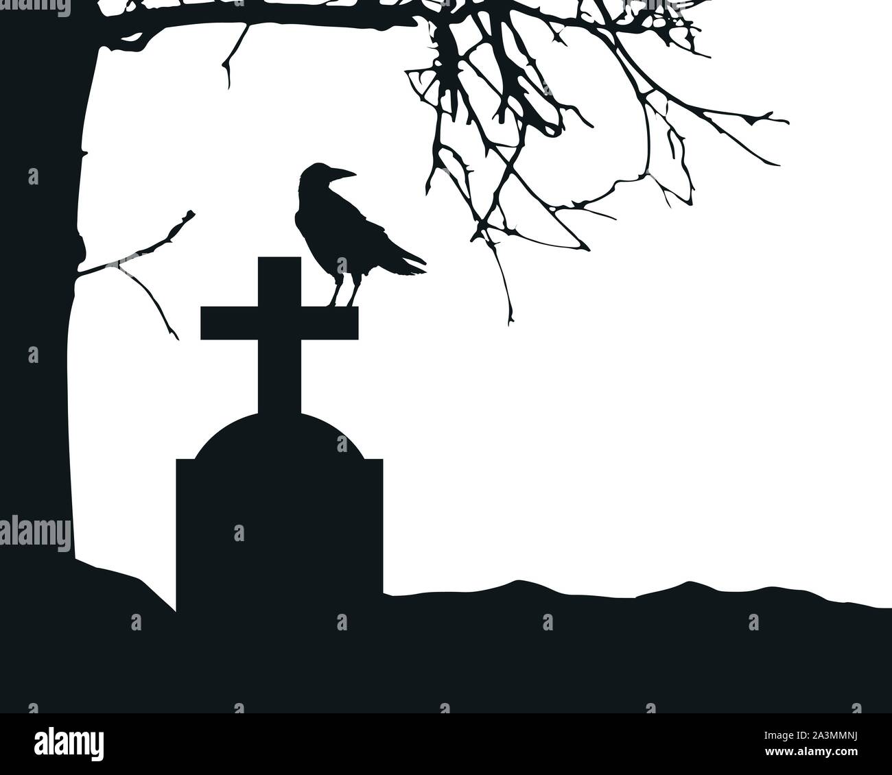 Realistic illustration of a tombstone in a cemetery with a sitting raven and a dry dead tree ...