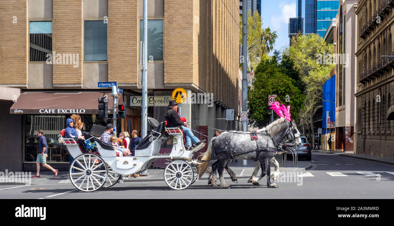 Family on vacation sightseeing from horde drawn carriage Spring Street ...