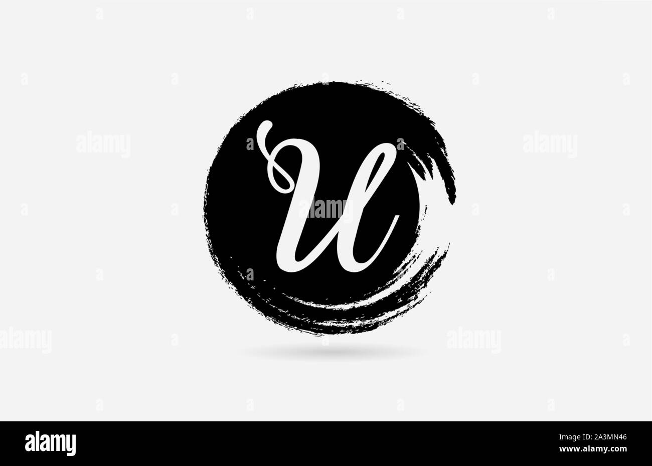 U hand written letter logo alphabet on grunge circle in black and white ...