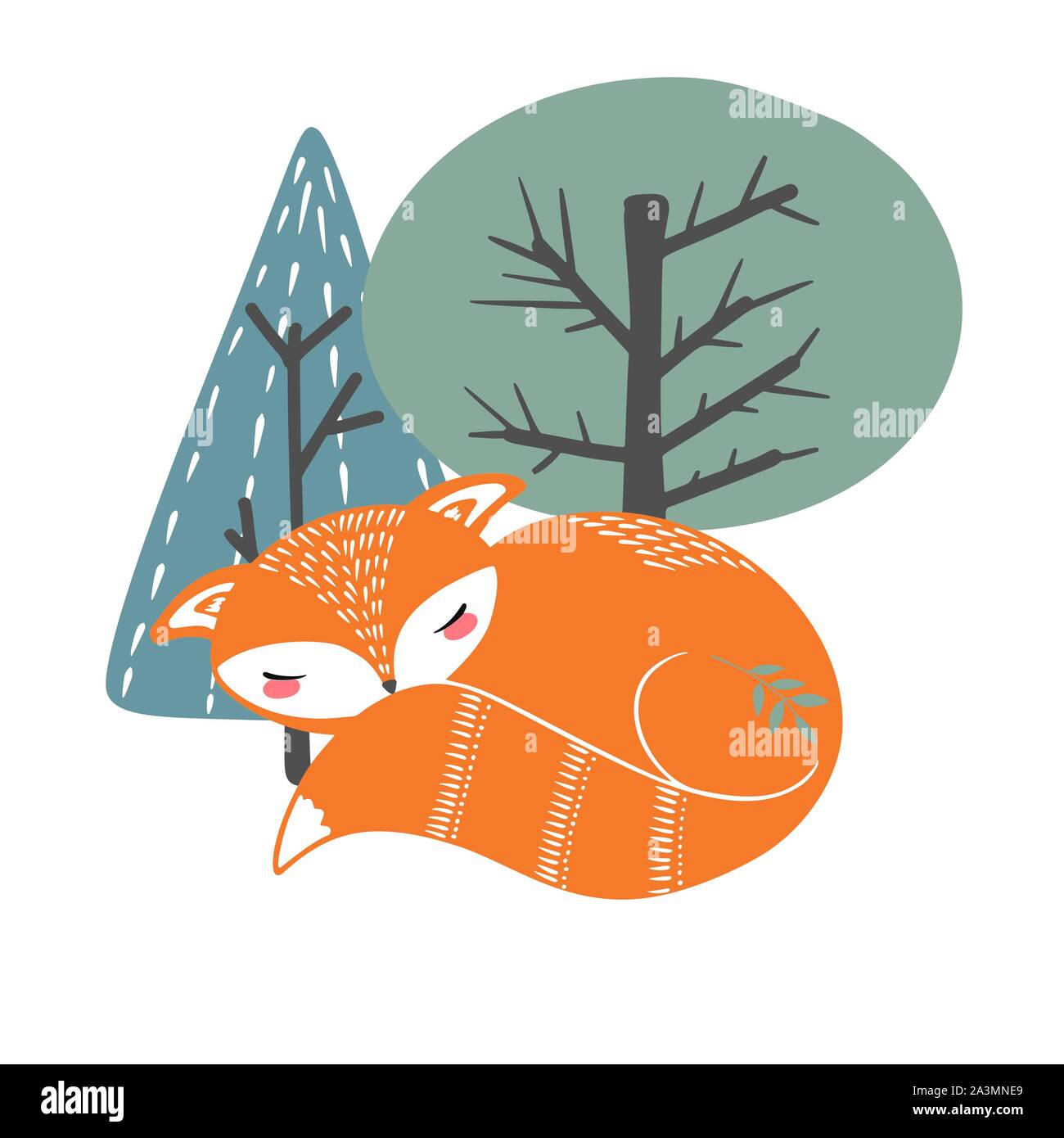 Cute fox on a background of trees. Hand drawn illustration in ...
