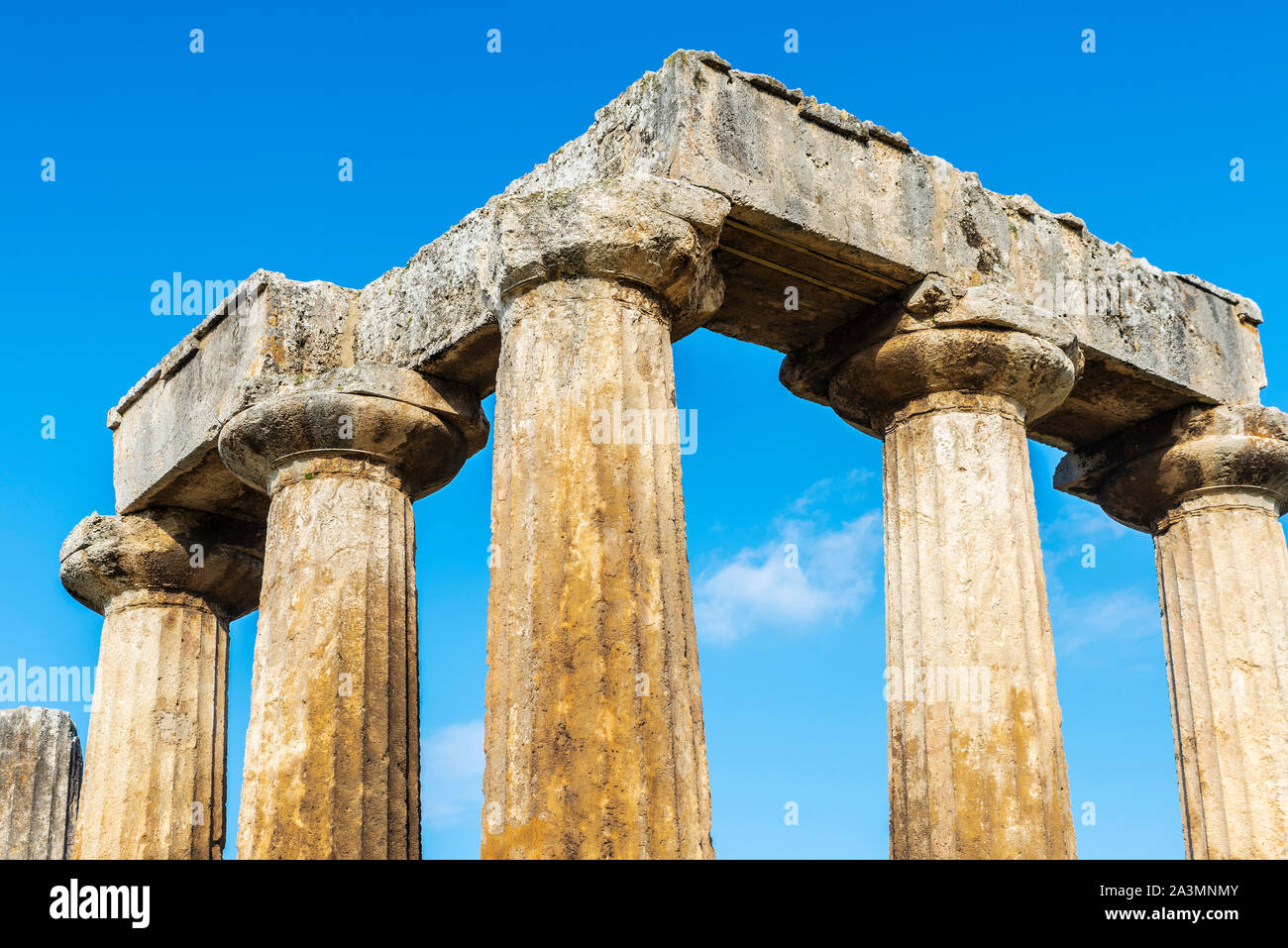 View of the ruins of the Temple of Apollo in ancient Corinth, Greece ...