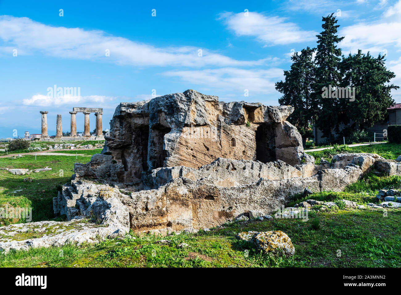 View of the ruins of the Temple of Apollo in ancient Corinth, Greece ...