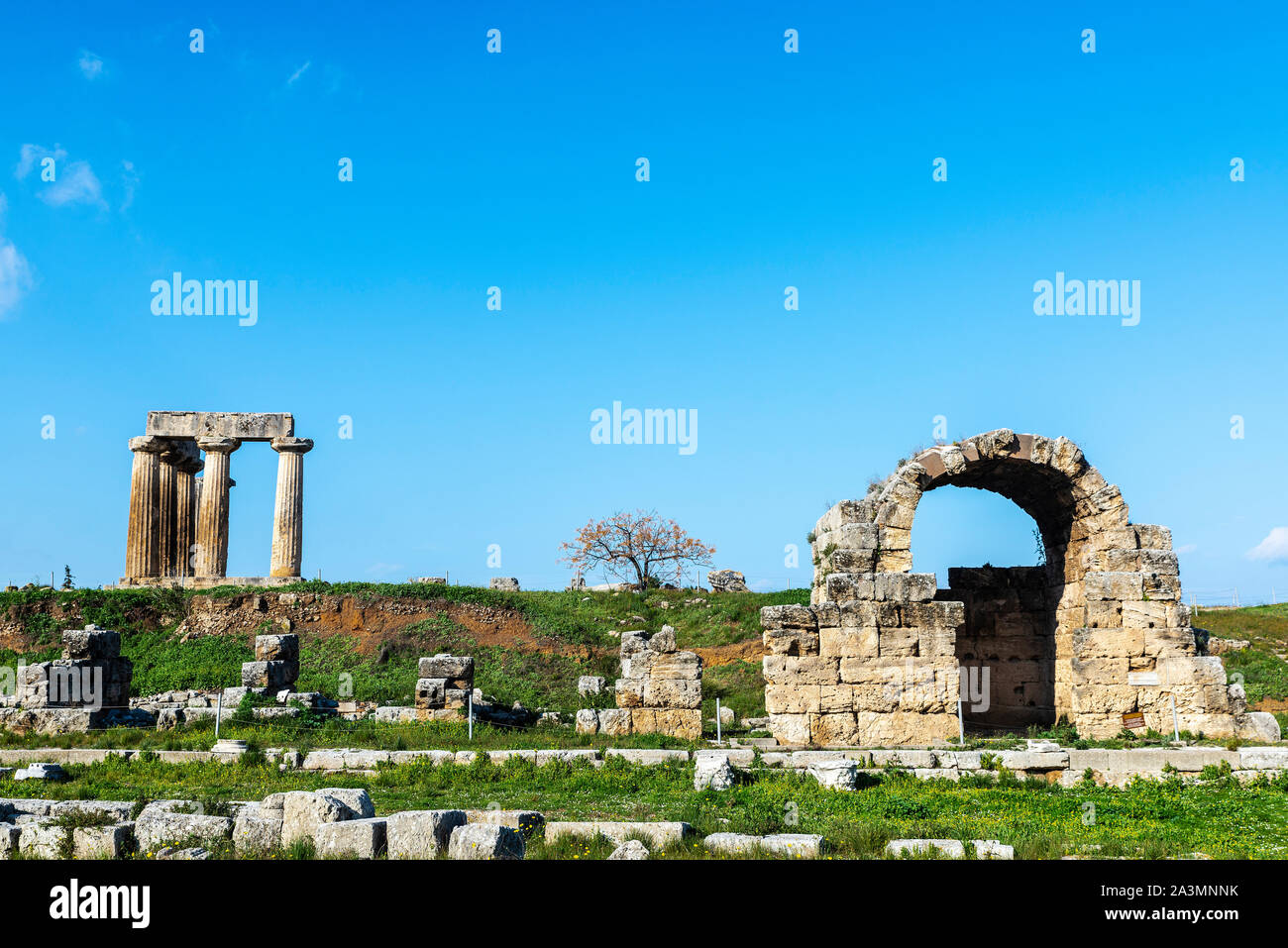 View of the ruins of the Temple of Apollo in ancient Corinth, Greece ...